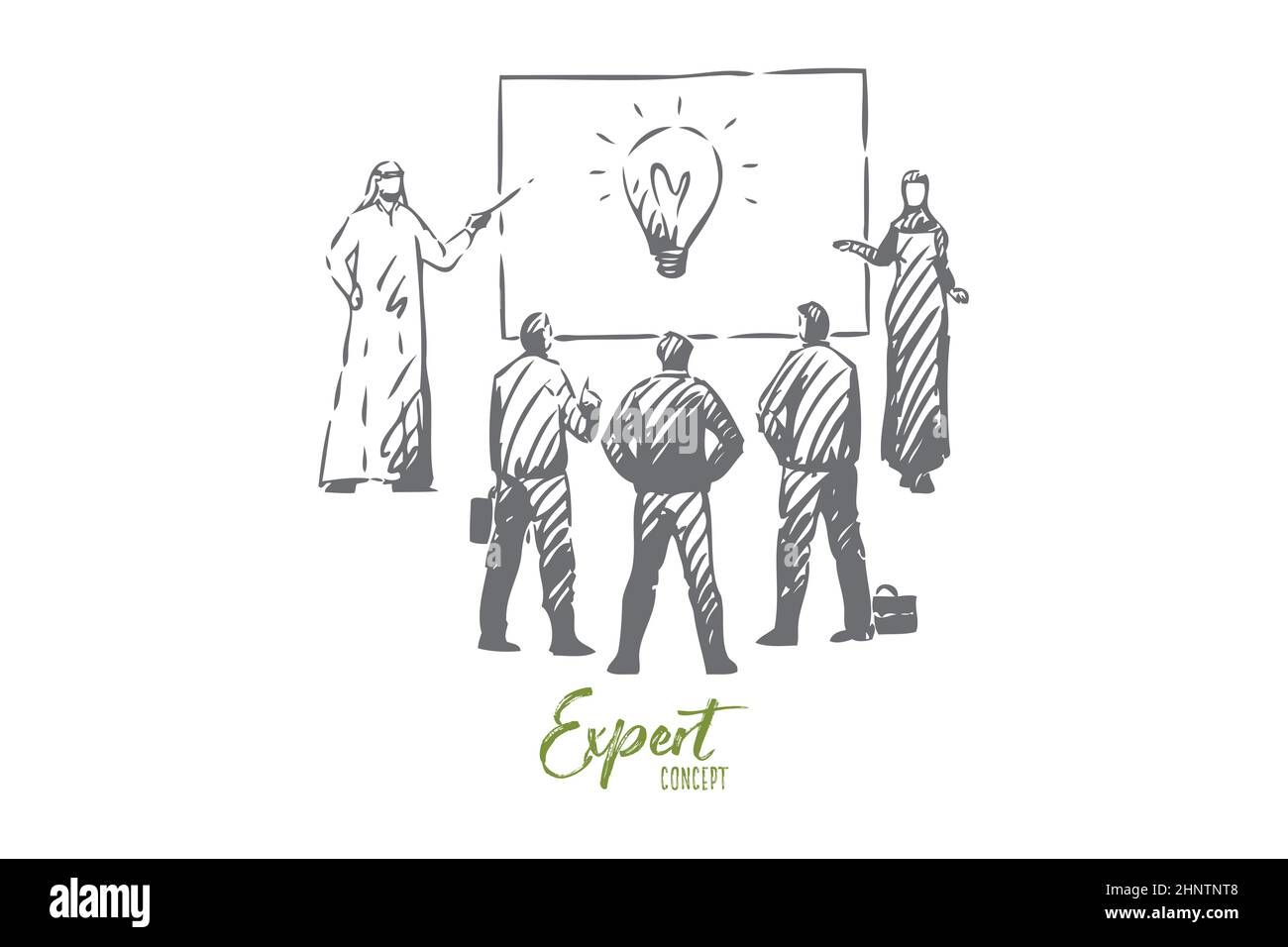 Expert concept sketch. Arab man and woman giving a presentation ...