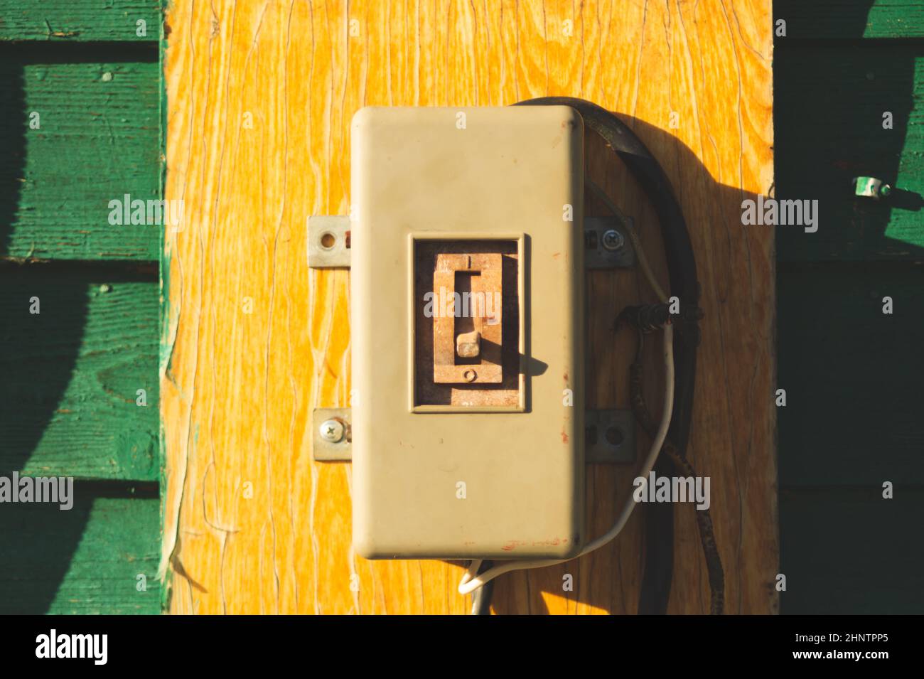 Vintage electrical switch panel. retro power toggle on the wooden wall ...