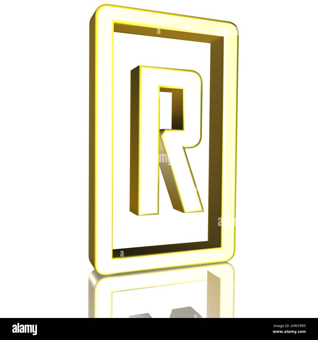 Registered trade mark symbol in yellow, gold on a white background as a ...