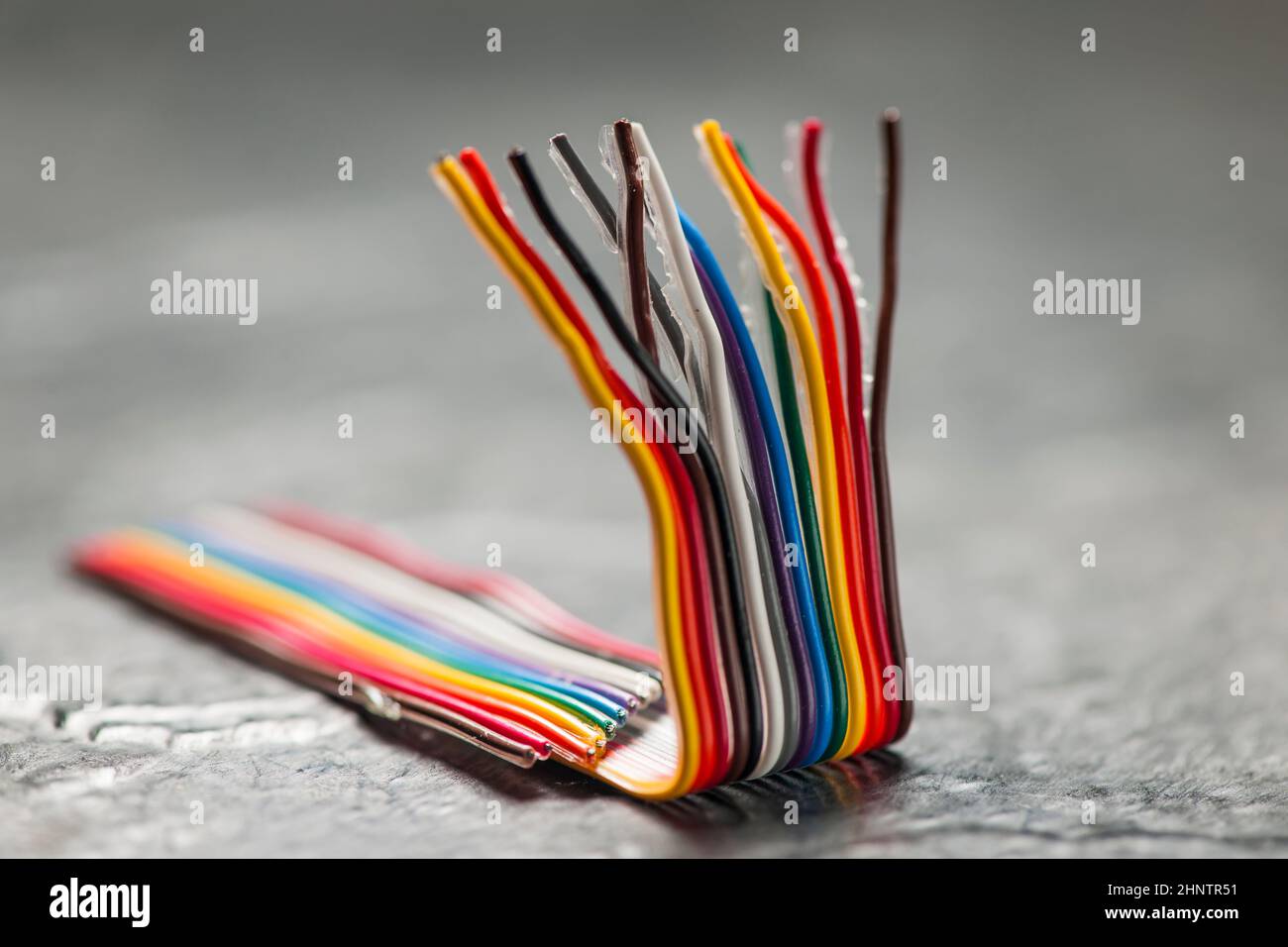 Close up of a short, bent and colorful computer ribbon cable on a rough ...
