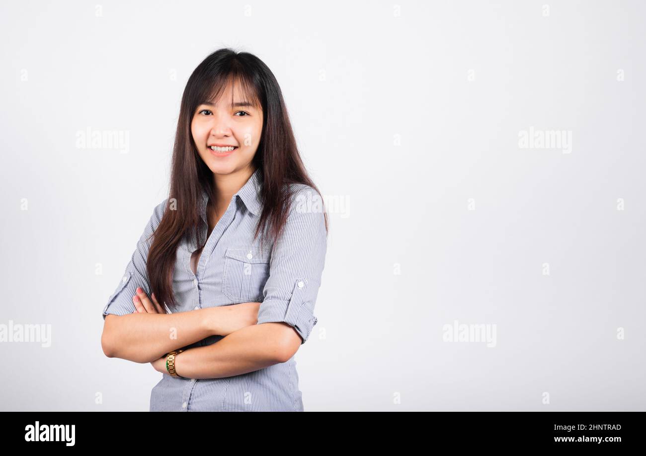 Woman standing her smile confidence with crossed arms isolated white ...