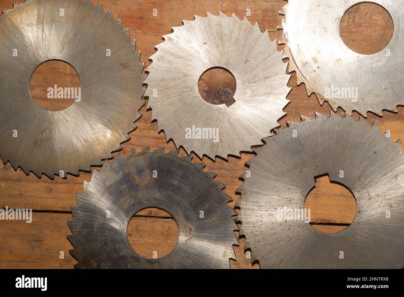 Circular saw blades. carpentry tools. industrial background. equipment ...