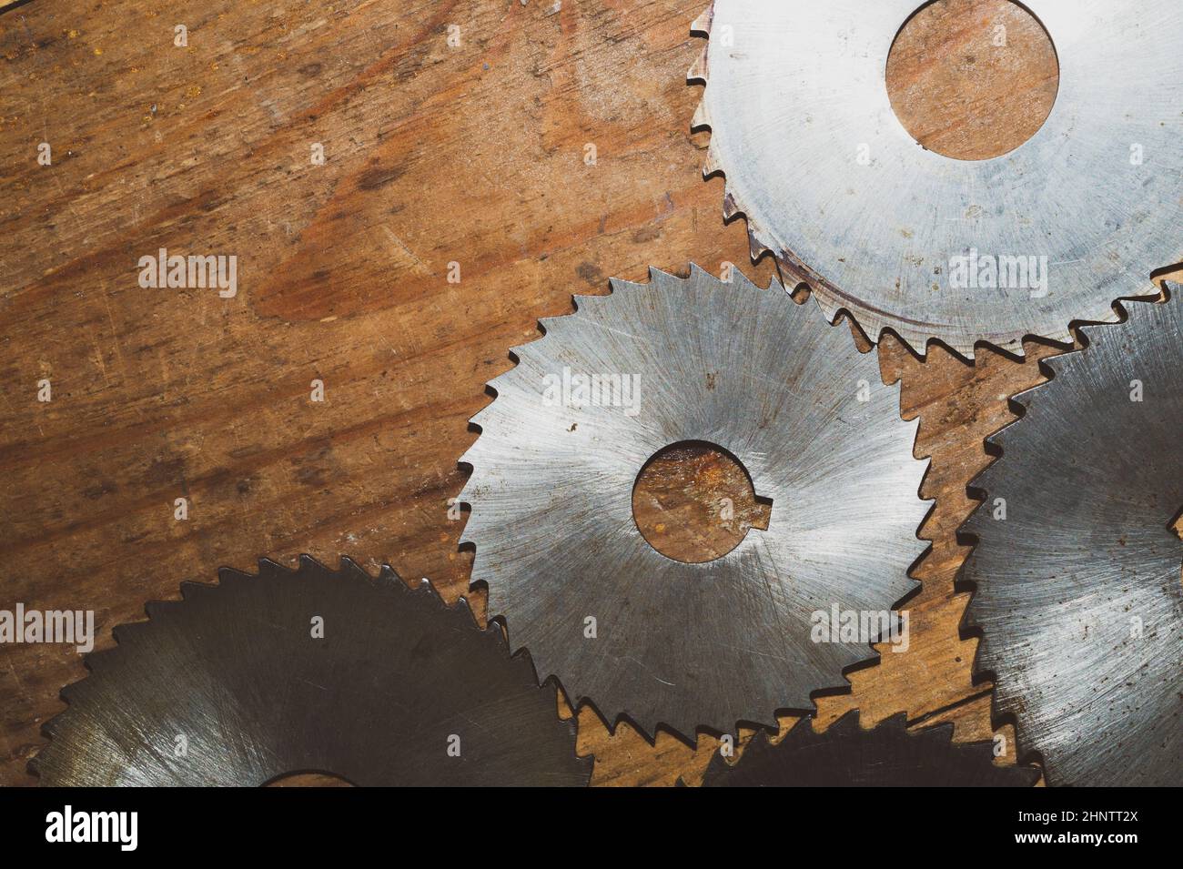 Circular saw blades. carpentry tools. industrial background. equipment ...