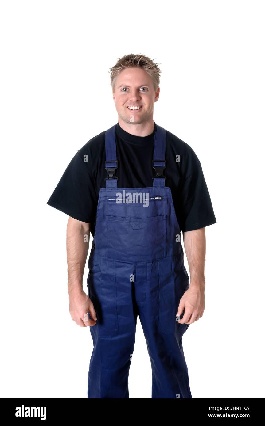 Portrait of a young craftsman, worker, fitter against white background ...
