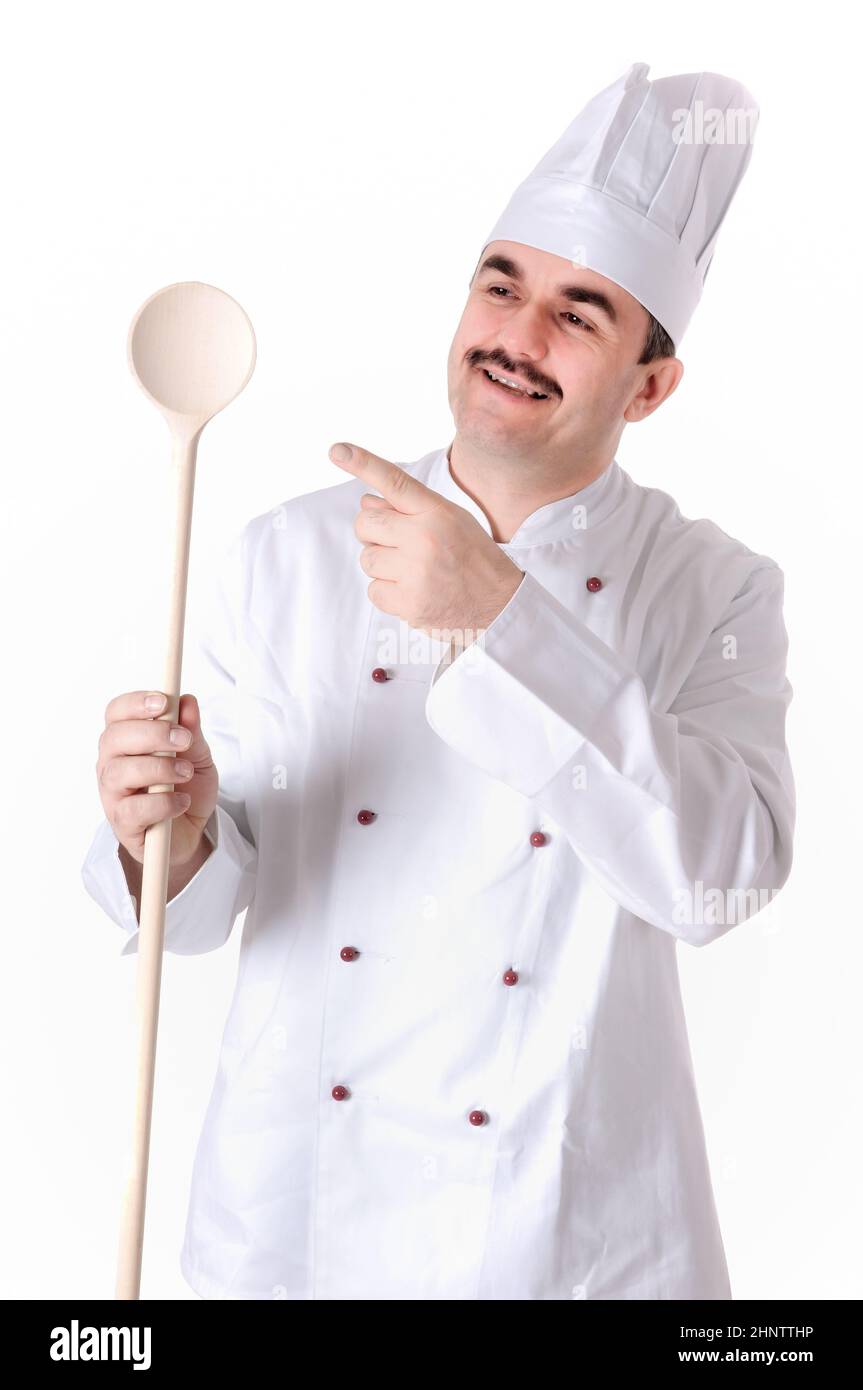 Portrait of a cook in chef clothes against white background Stock Photo ...