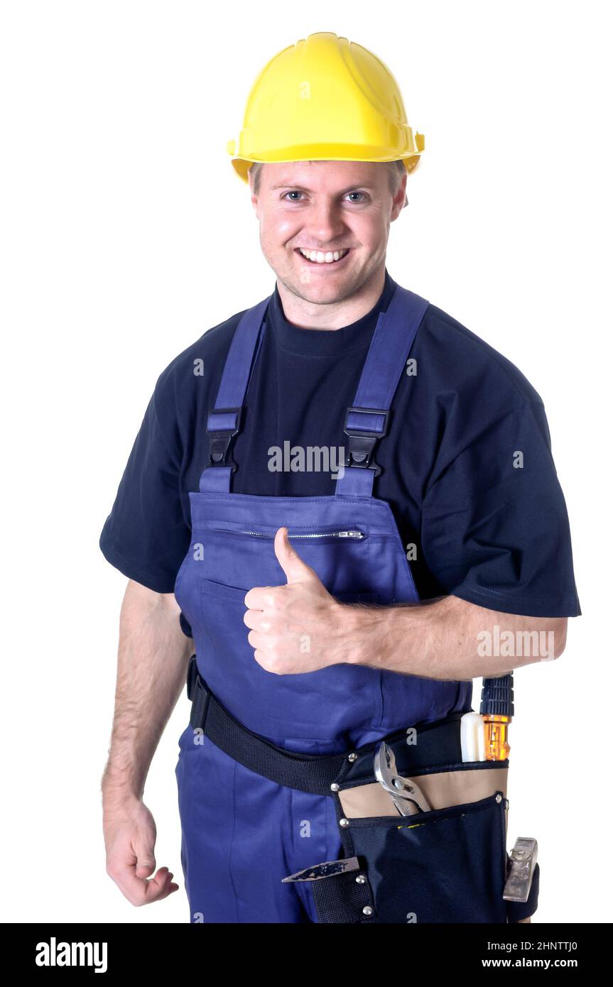 Portrait of a young craftsman, worker, fitter against white background ...