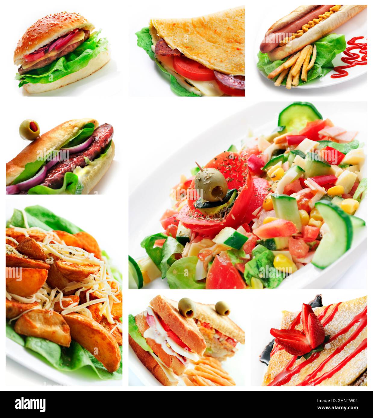 Collage of different restaurant dishes on white background Stock Photo ...