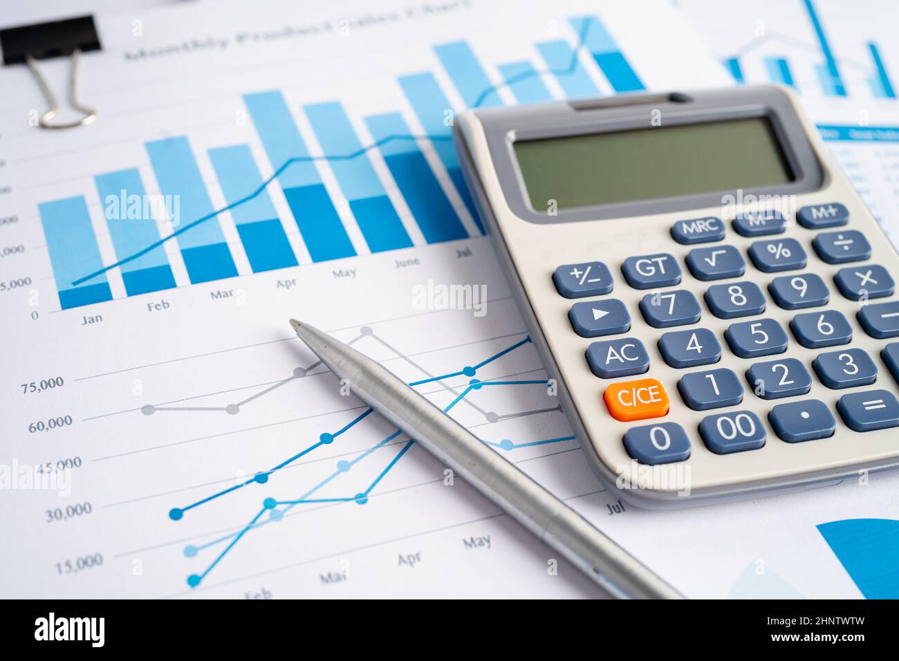 Calculator on chart and graph spreadsheet paper. Finance development ...