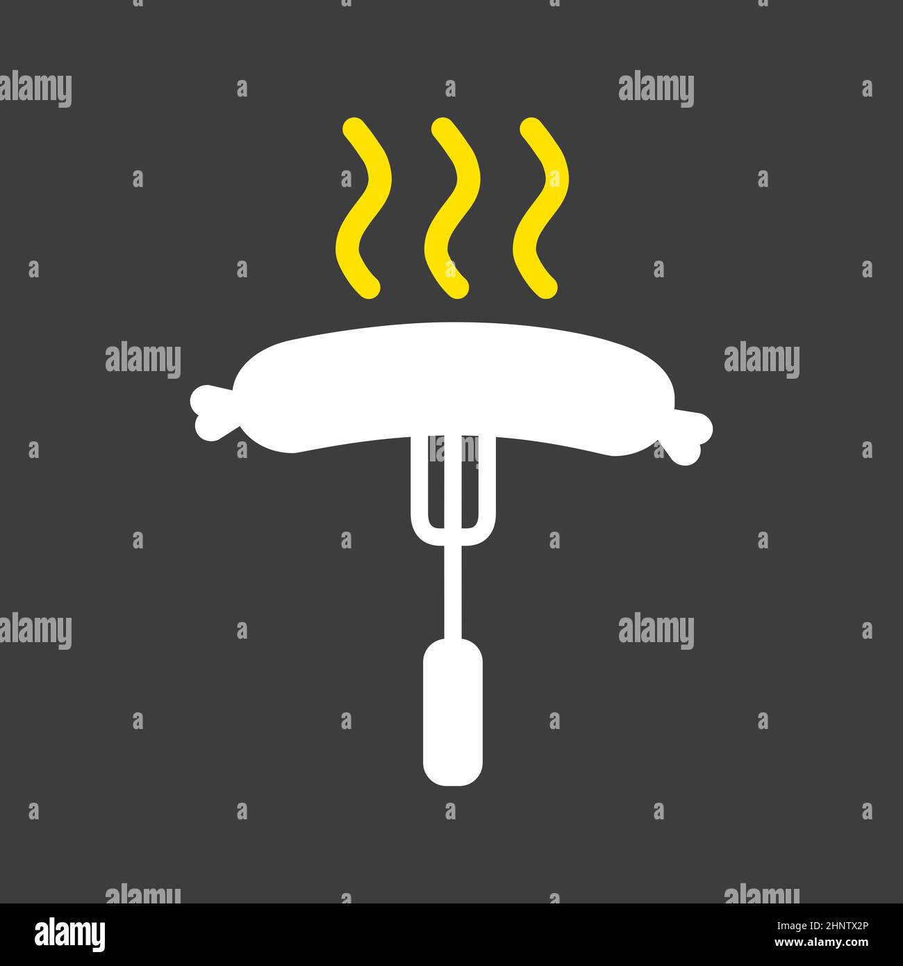 Sausage fork vector glyph icon on dark background. Fast food sign. Graph symbol for cooking web ...