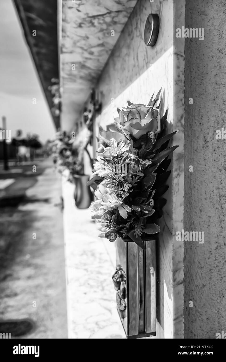 Detail of tribute and death in a Christian cemetery, religious belief ...
