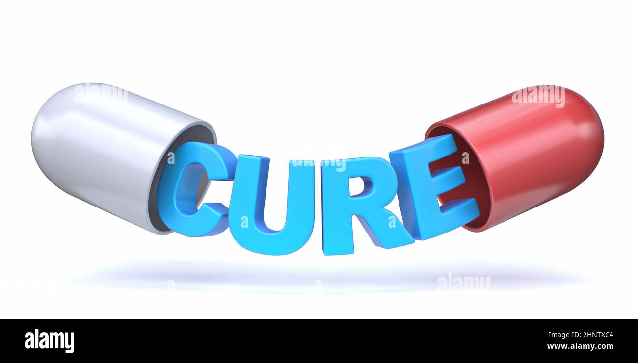 Word CURE inside the pill capsule 3D rendering illustration isolated on ...