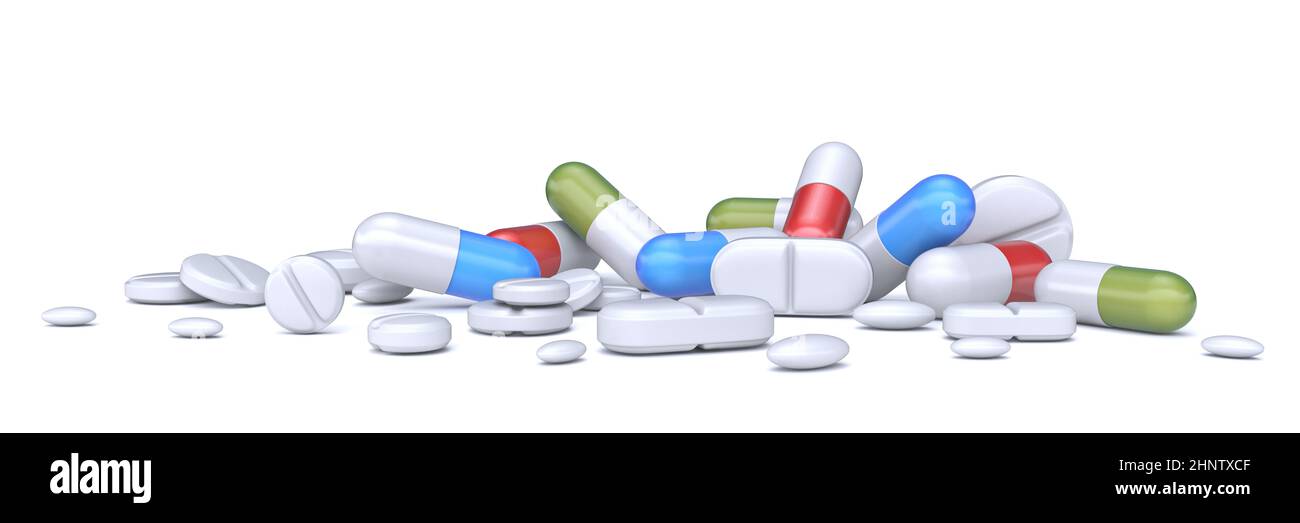 Pile of pills, tablets and capsules 3D rendering illustration isolated ...