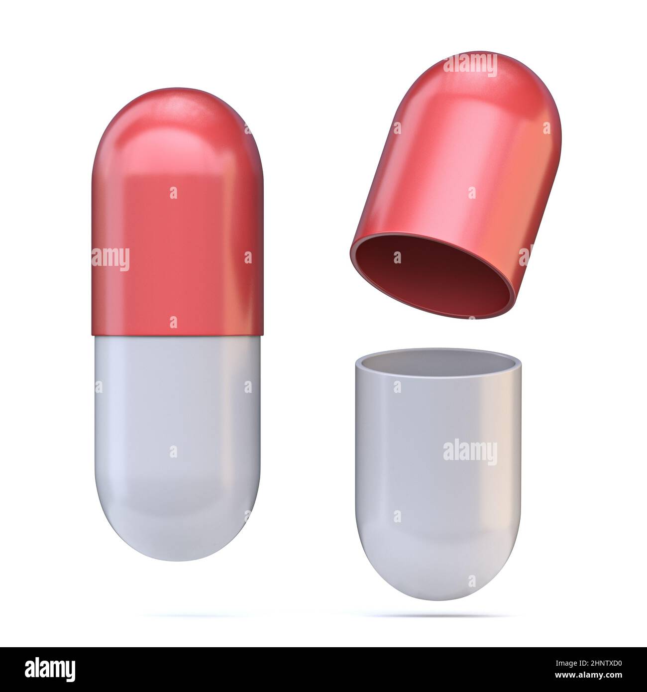 Closed and open drug capsule 3D rendering illustration isolated on ...
