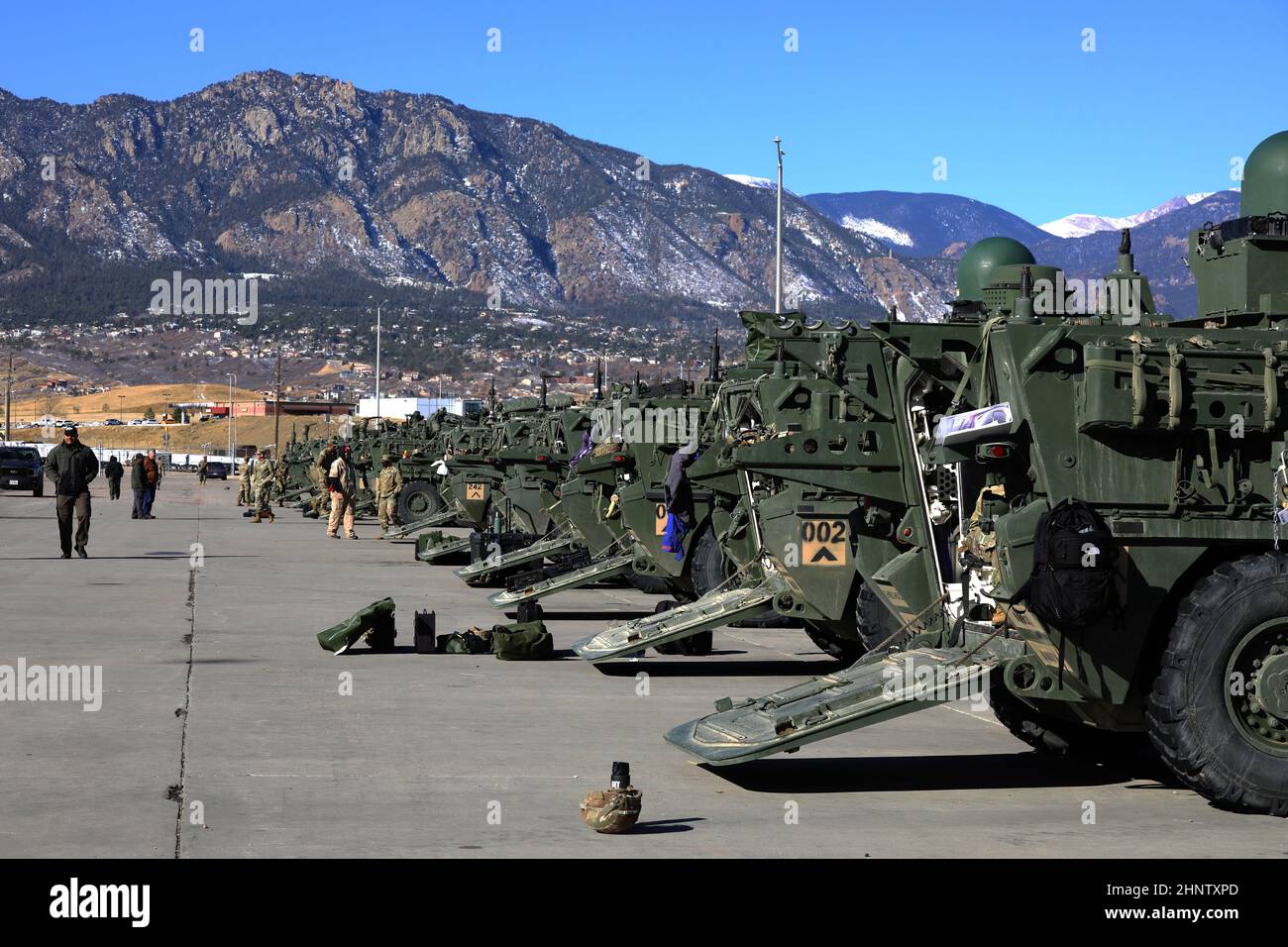 A line of Strykers await upgrades of Common Remotely Operated Weapon ...