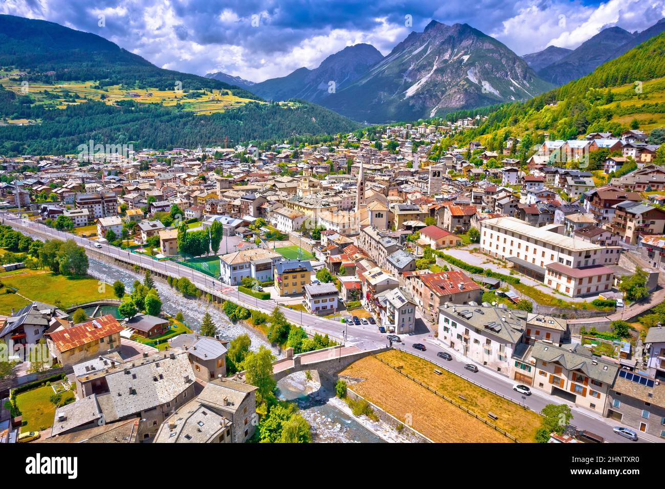 Town of Bormio in Dolomites Alps aerial view, Province of Sondrio ...