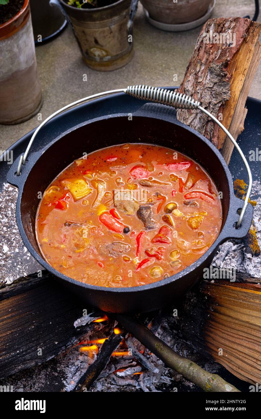 Kettle goulash is prepared over an open fire! Stock Photo - Alamy