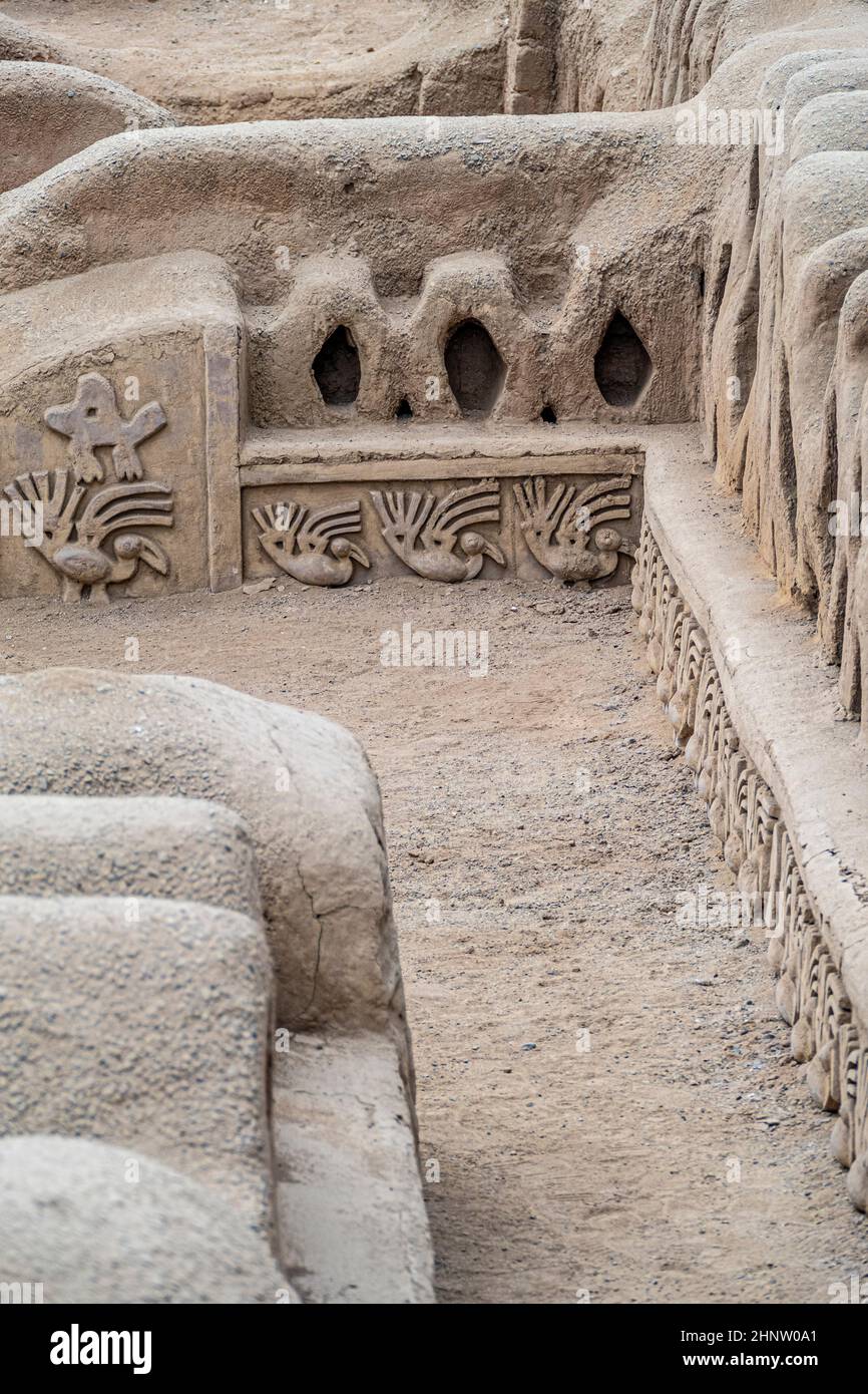 Panorama of the adobe walls and decorations in the archaeological site ...
