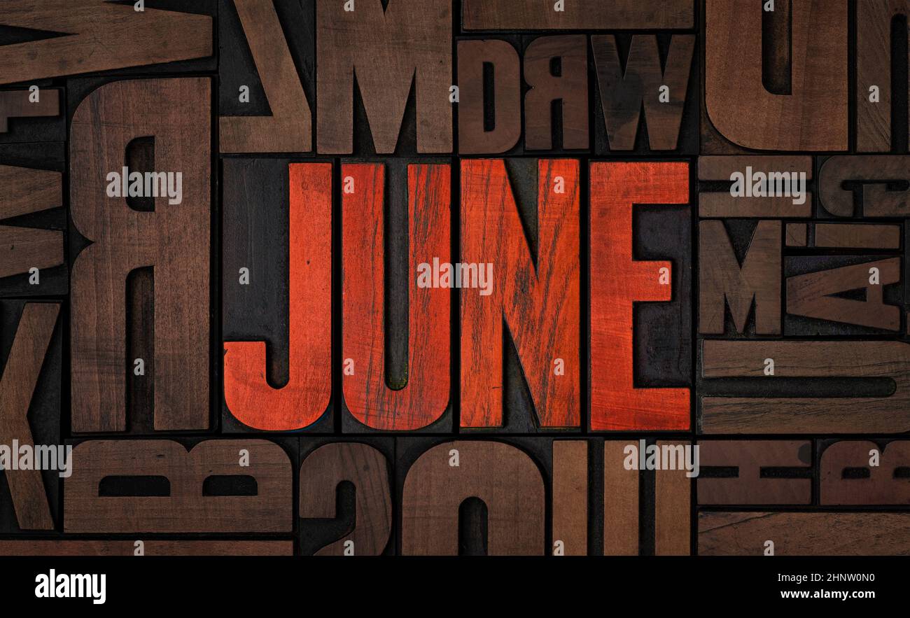 Retro letterpress wood type printing blocks - June Stock Photo - Alamy