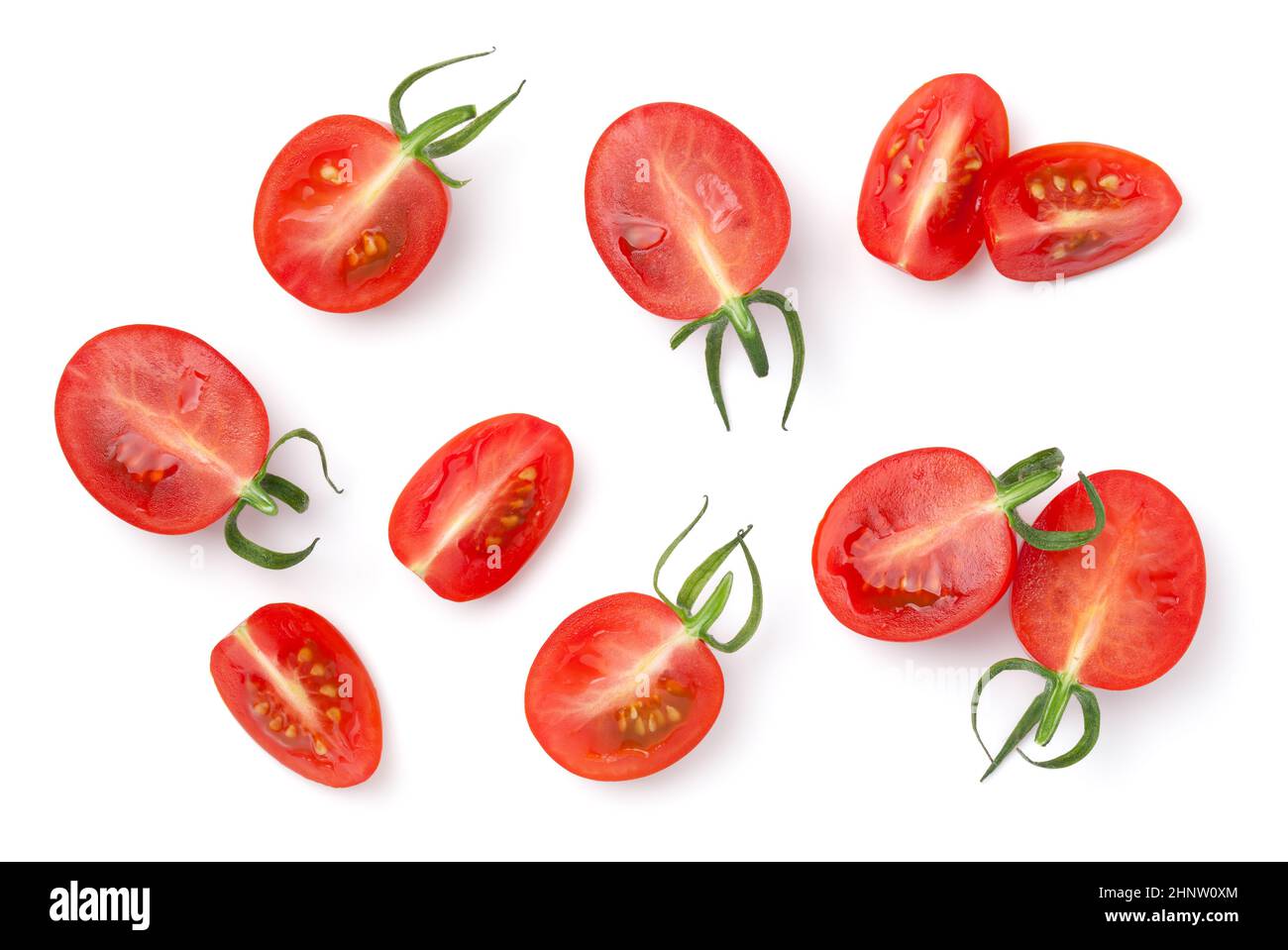 Cherry tomatoes isolated on white background. Cut in half and quarter ...