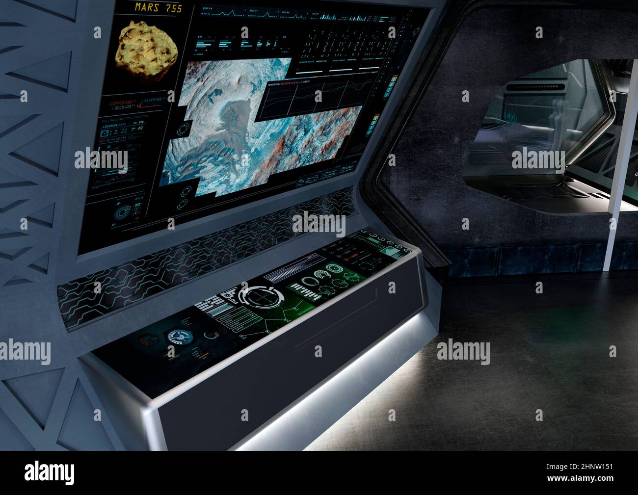 3D rendering of a futuristic sceince fiction control center Stock Photo ...
