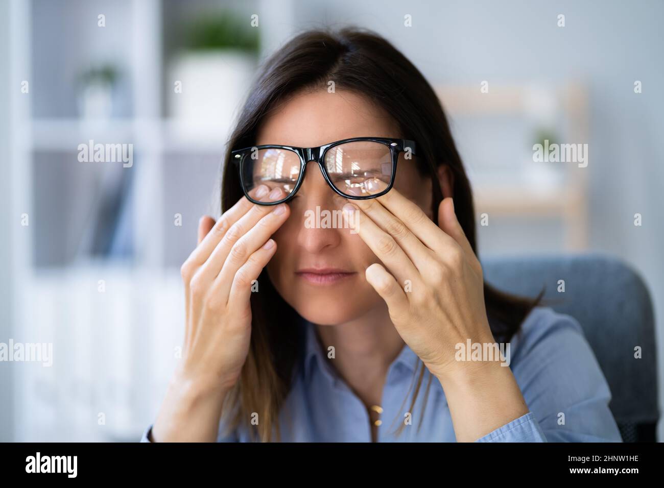 Eye Pain And Inflammation. Woman With Retina Fatigue And Spasm Stock ...