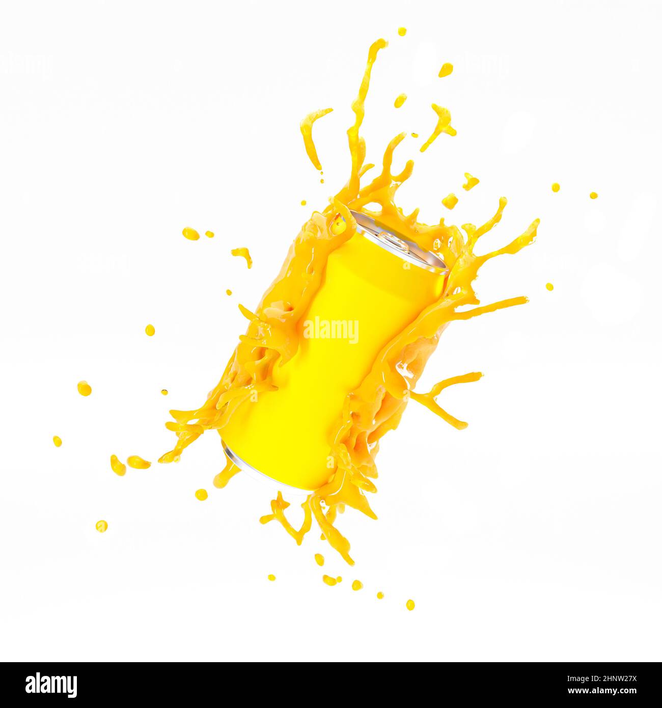 yellow can with orange splash liquid. 3d render Stock Photo - Alamy