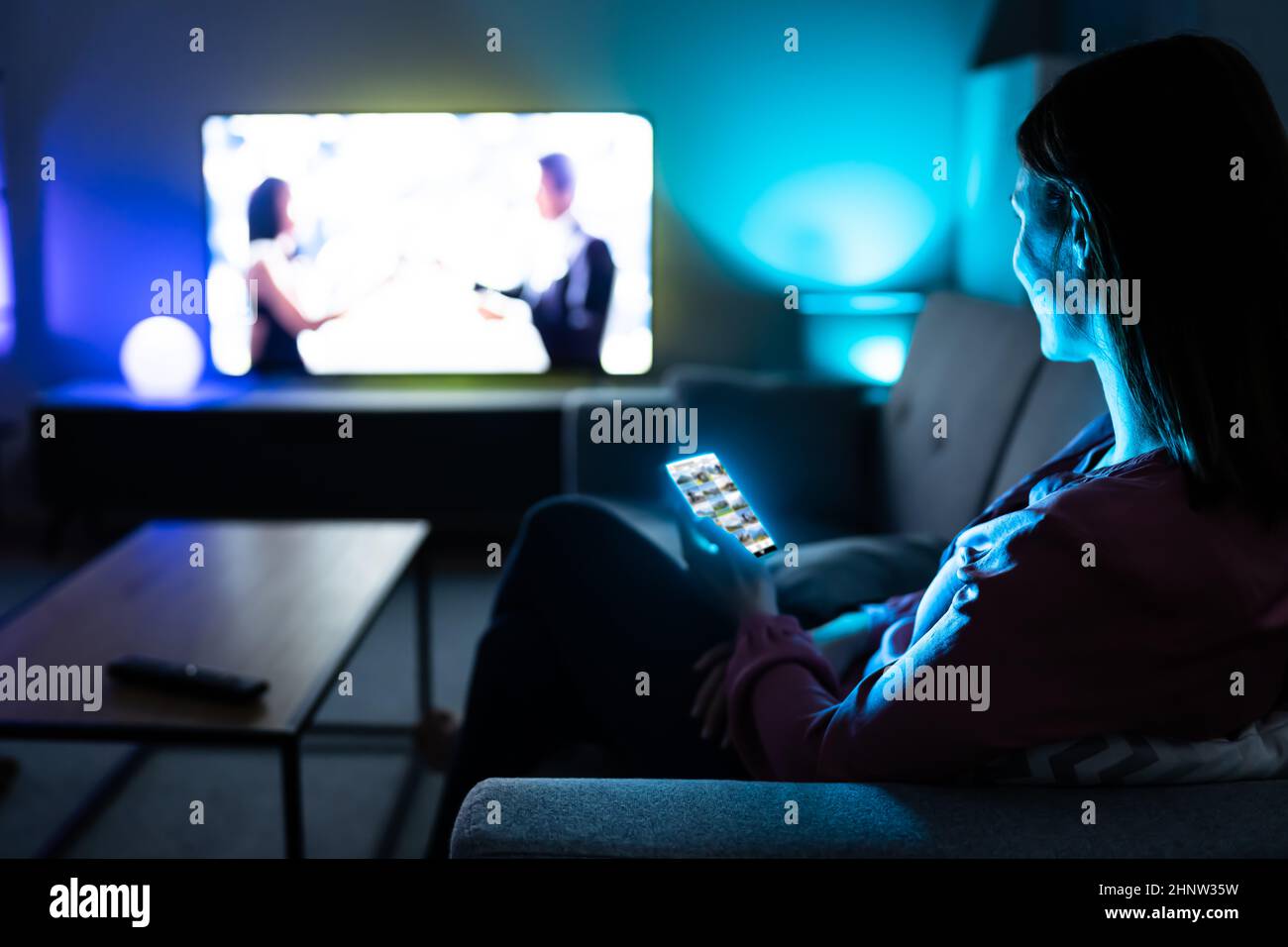 Smart Led TV In Living Room At Night Stock Photo - Alamy