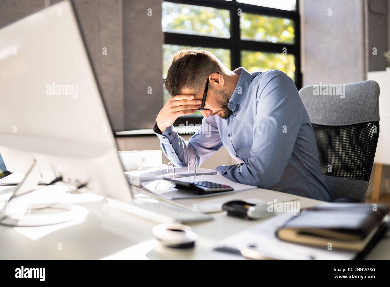Stressed Tired Business Accountant Man. Lazy Sad Worker Stock Photo - Alamy