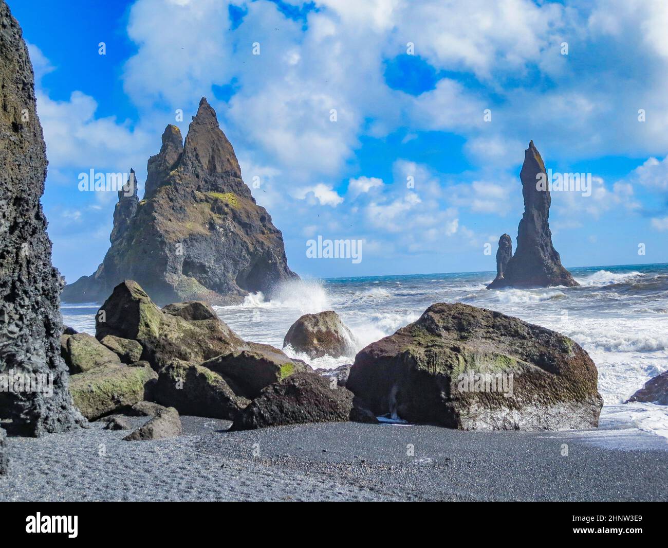 Stormy, moody day on black sand beach Reynisfjara on the south of ...