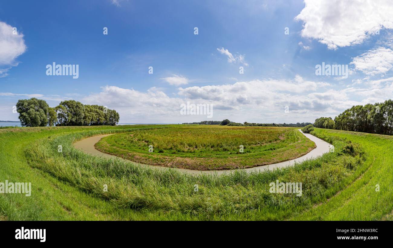 rural landscape in Usedom near Lutow with typical achterwsser creeks ...
