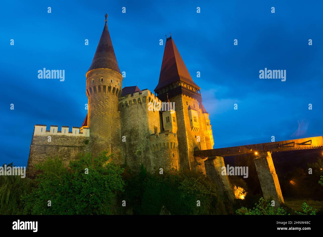 Night landscape with illuminated Corvin Castle, Romania Stock Photo - Alamy