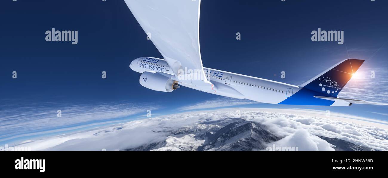 Hydrogen filled H2 Airplane flying in the sky - future H2 energy ...