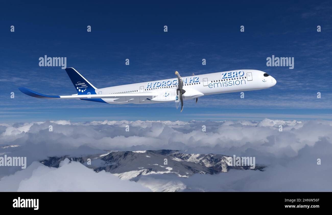 Hydrogen filled H2 Airplane flying in the sky - future H2 energy ...