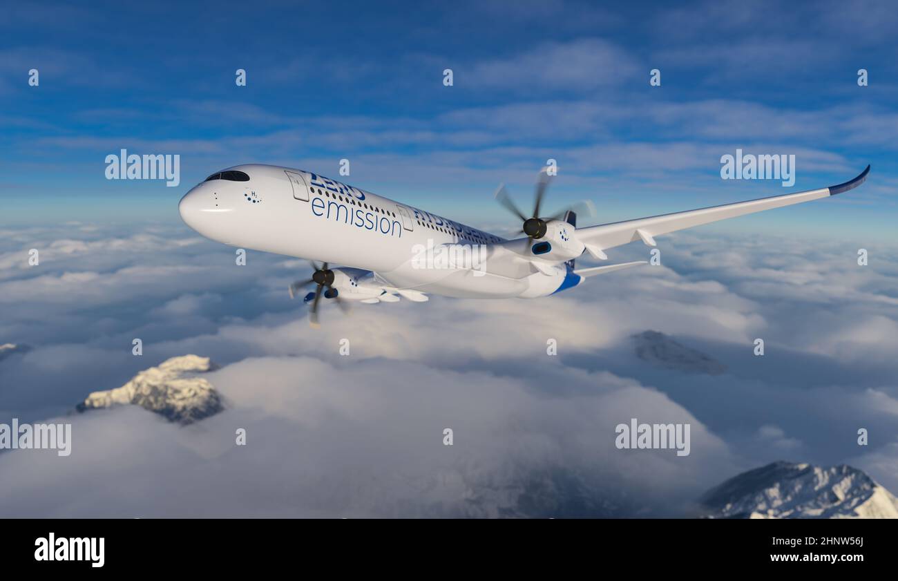 Hydrogen filled H2 Airplane flying in the sky - future H2 energy ...