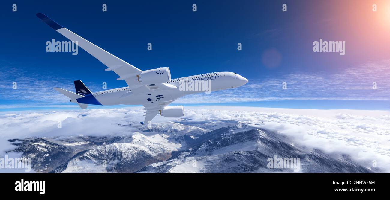 Hydrogen filled H2 Airplane flying in the sky - future H2 energy ...
