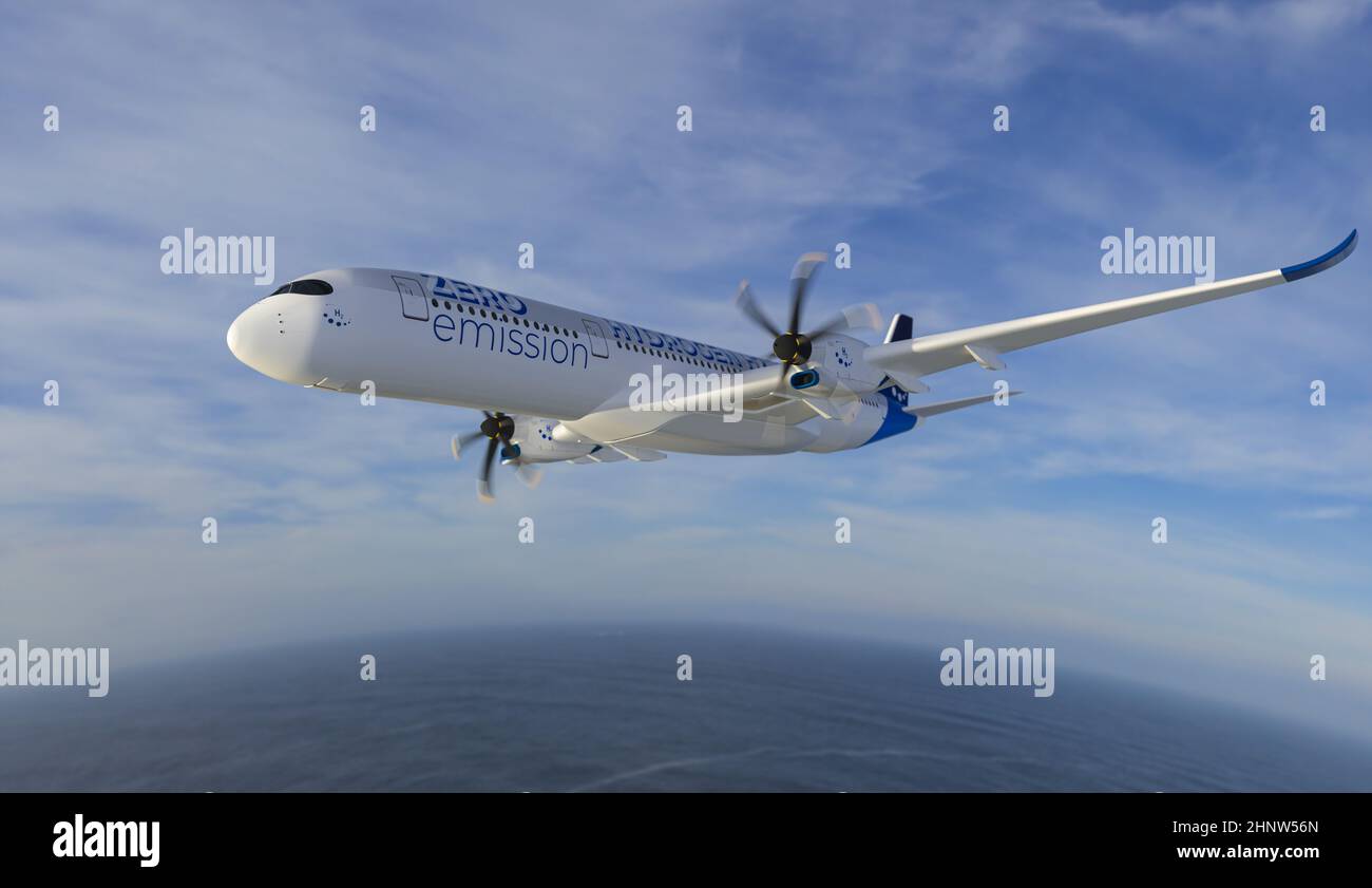 Hydrogen filled H2 Airplane flying in the sky - future H2 energy ...