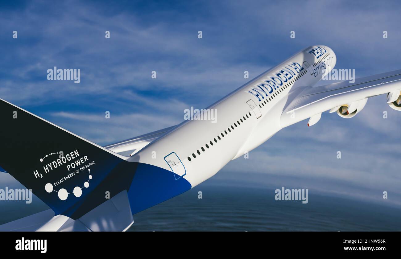 Hydrogen filled H2 Airplane flying in the sky - future H2 energy ...
