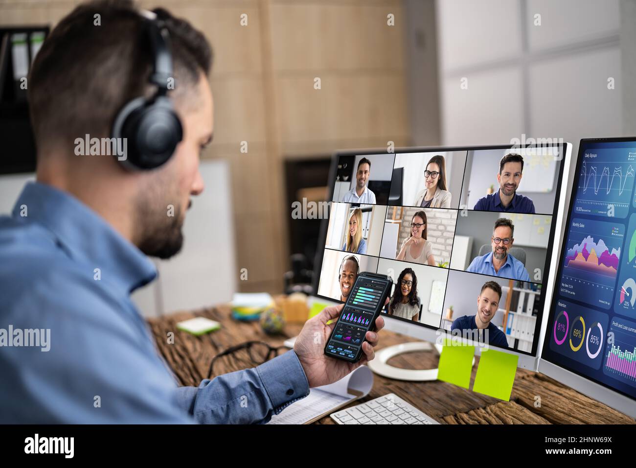 Remote Conference Webinar And KPI Dashboard Chart On Computer Stock ...