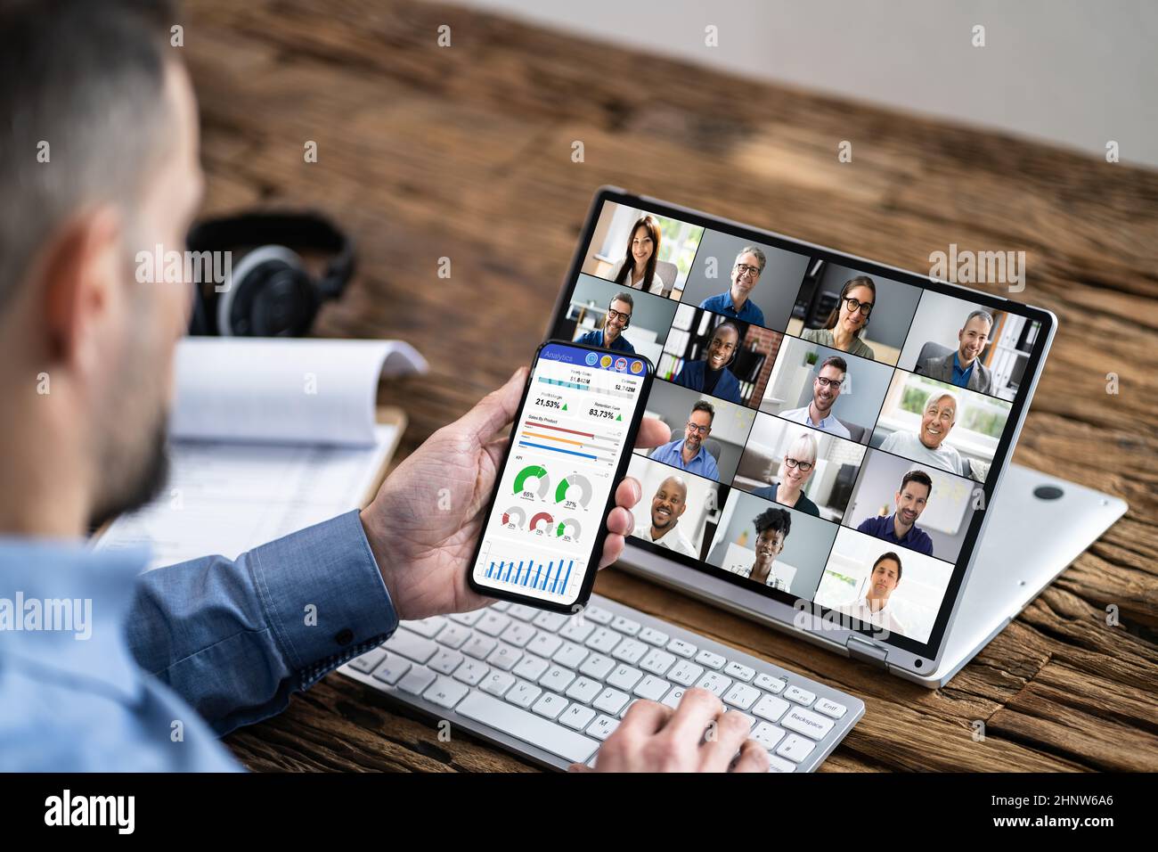 Remote Conference Webinar And KPI Dashboard Chart On Computer Stock ...