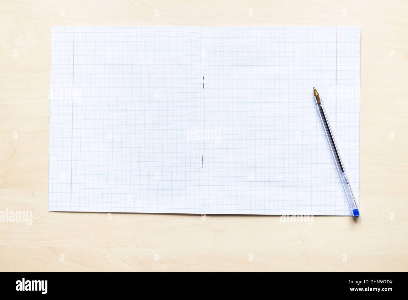 top view of pen and blank open school notebook with squared sheets with ...