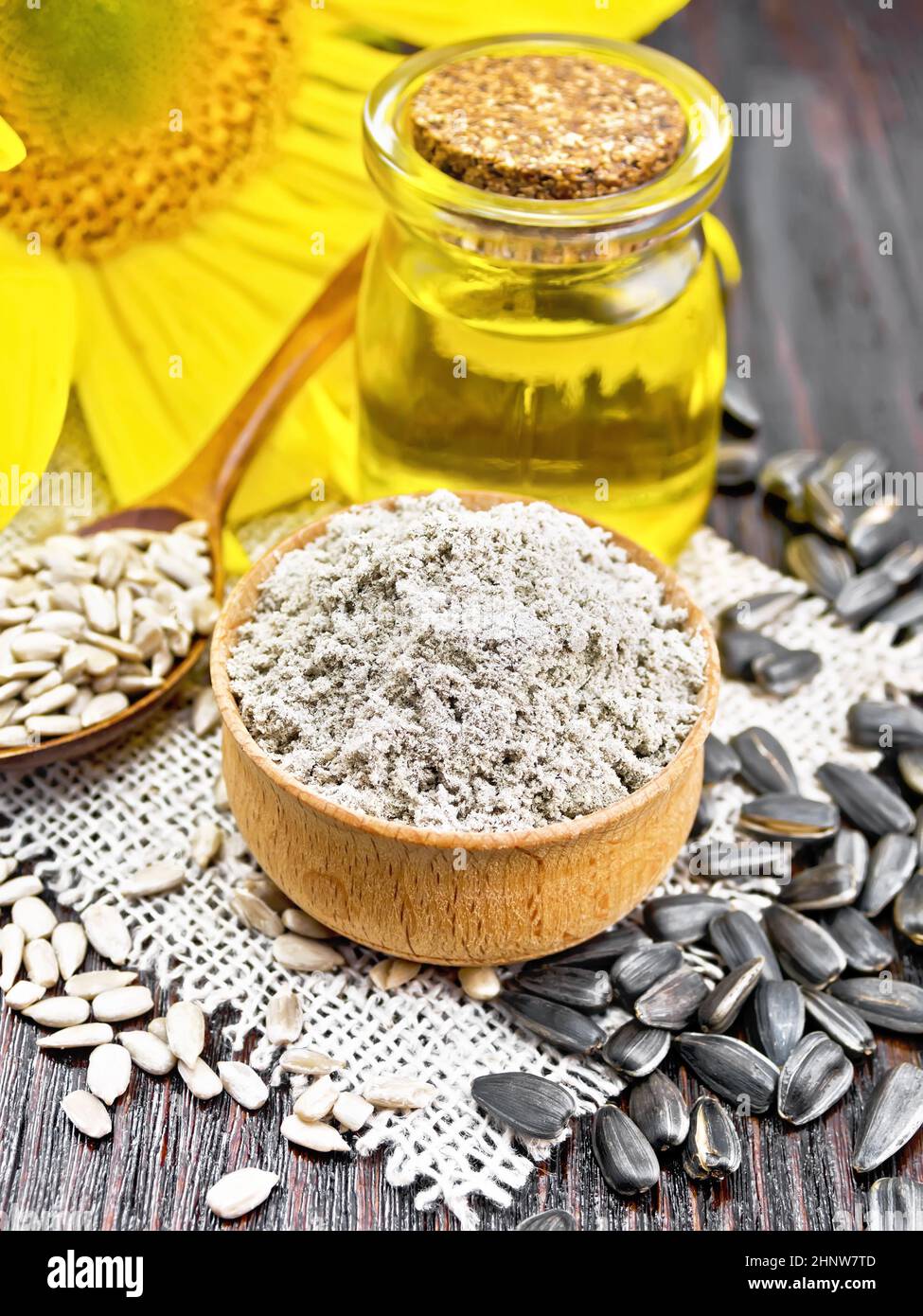 Sunflower flour in bowl, oil in glass jar, seeds in a spoon on burlap ...