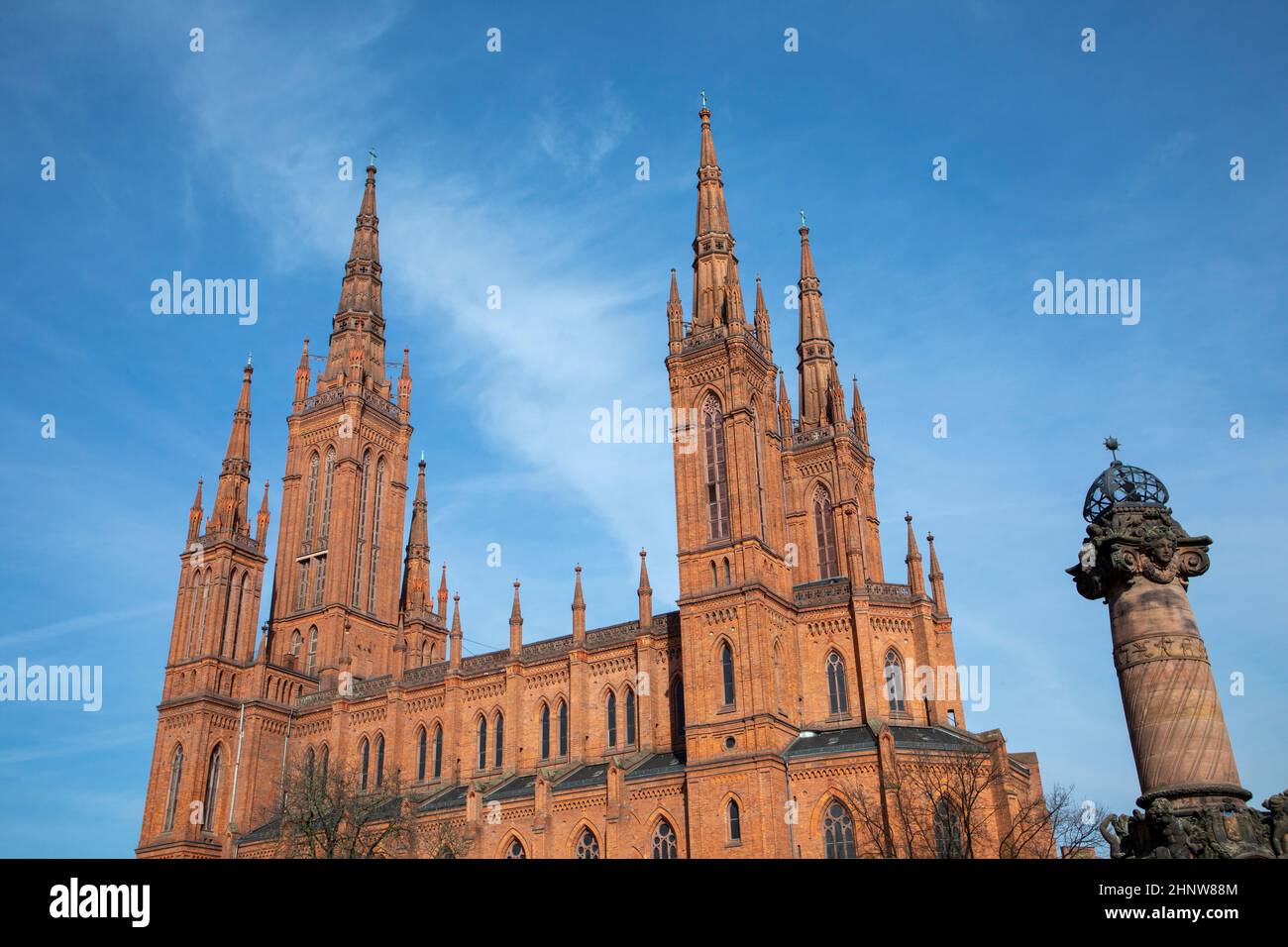 market church in Wiesbaden with historic market pillar from 19th ...