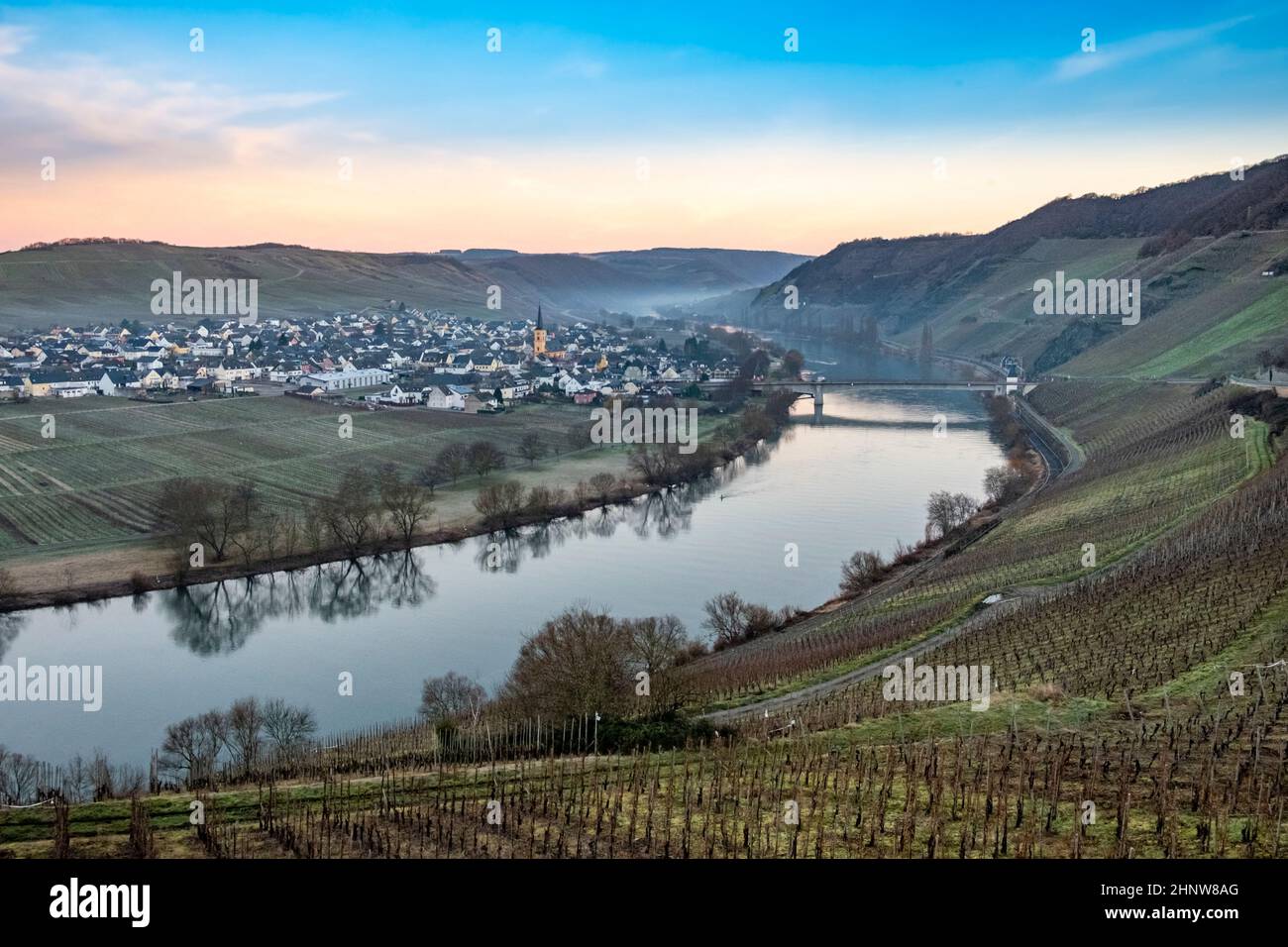 scenic moselle river loop with village Trittenheim seen from Leiwen ...