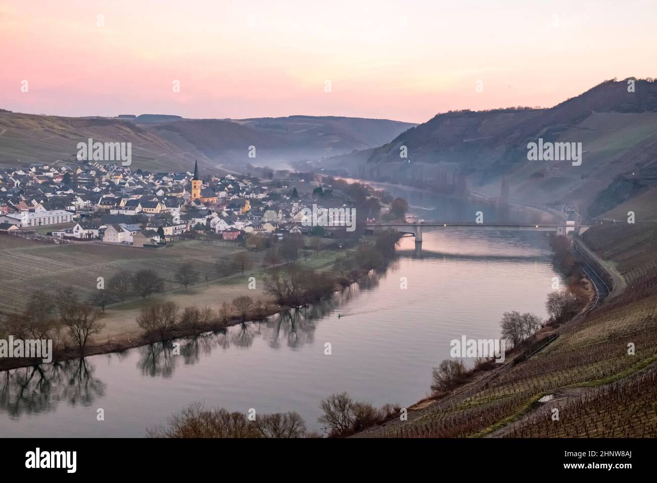 scenic moselle river loop with village Trittenheim seen from Leiwen ...