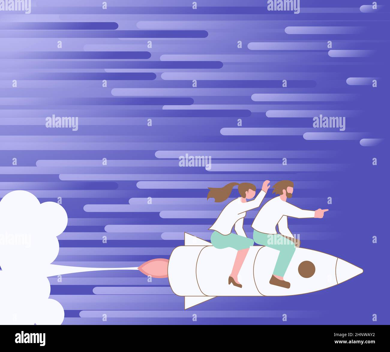 Illustration Of Happy Partners Riding On Rocket Ship Exploring World ...