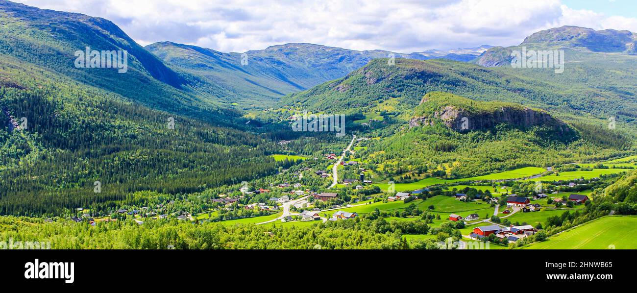 Panorama Norway, Hemsedal Mountains, red farmhouses and green meadows ...