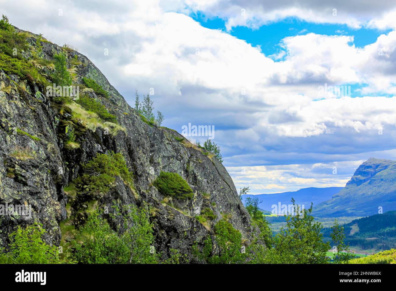 Beautiful Norwegian landscape with trees firs mountains and rocks ...