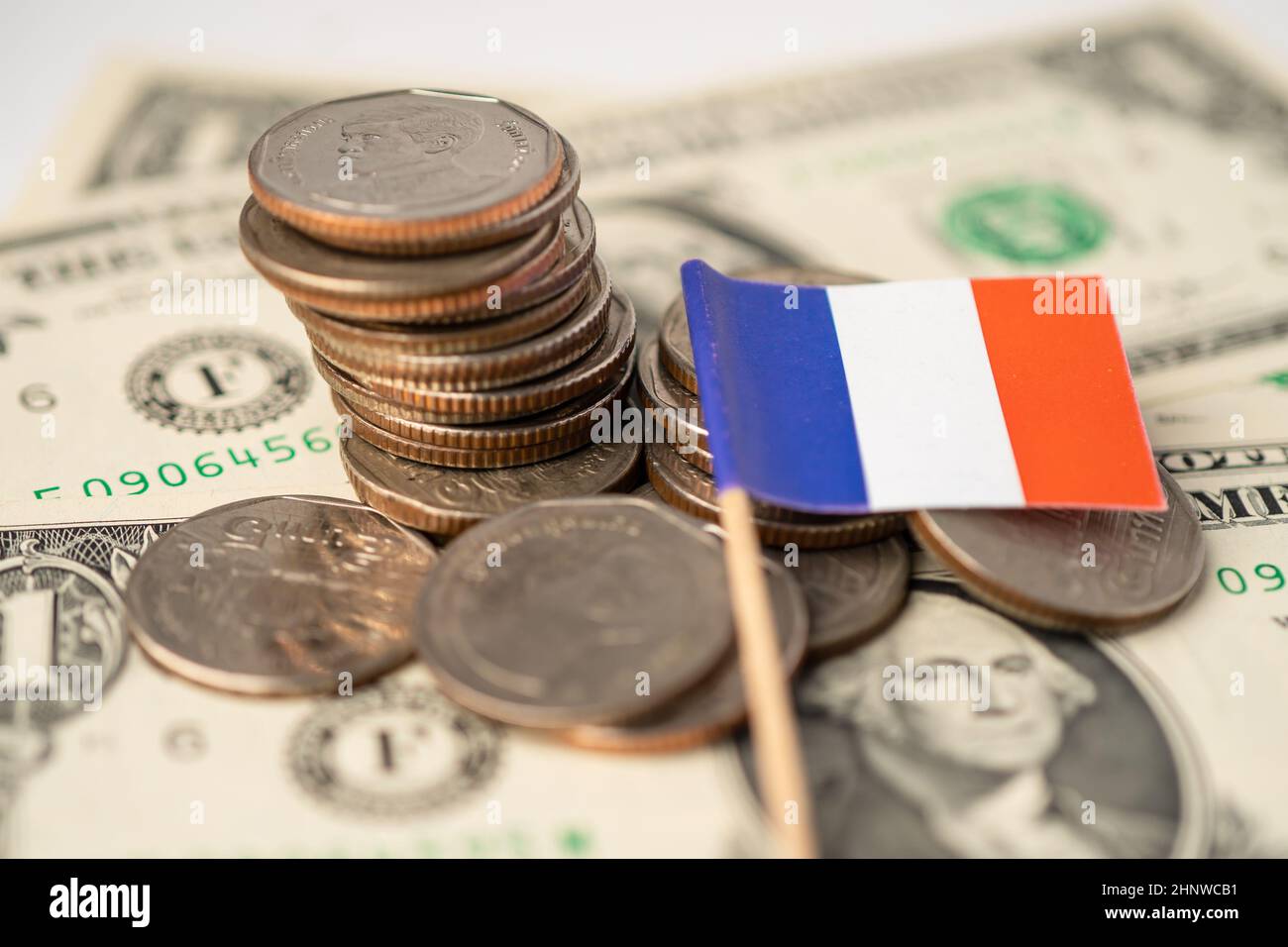 Stack of coins with Italy flag on white background. flag on USA America ...