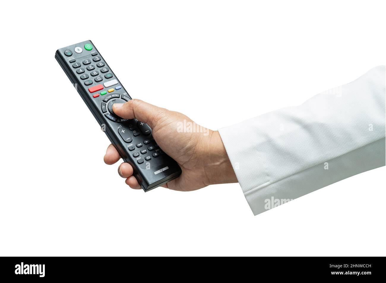 Hand pressing remote control TV television with clipping path isolated ...