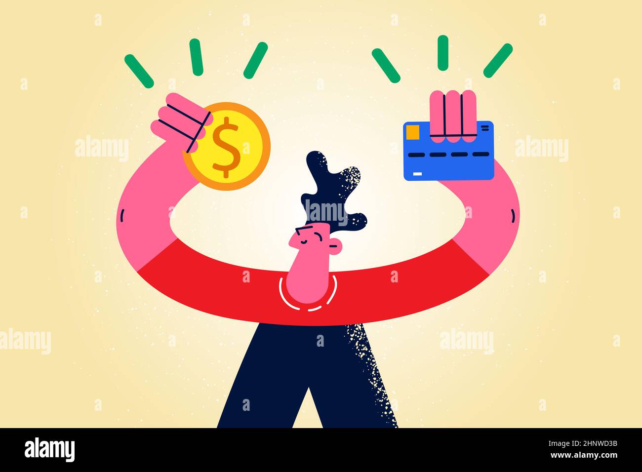 Making money and wealth concept. Young smiling man cartoon character ...